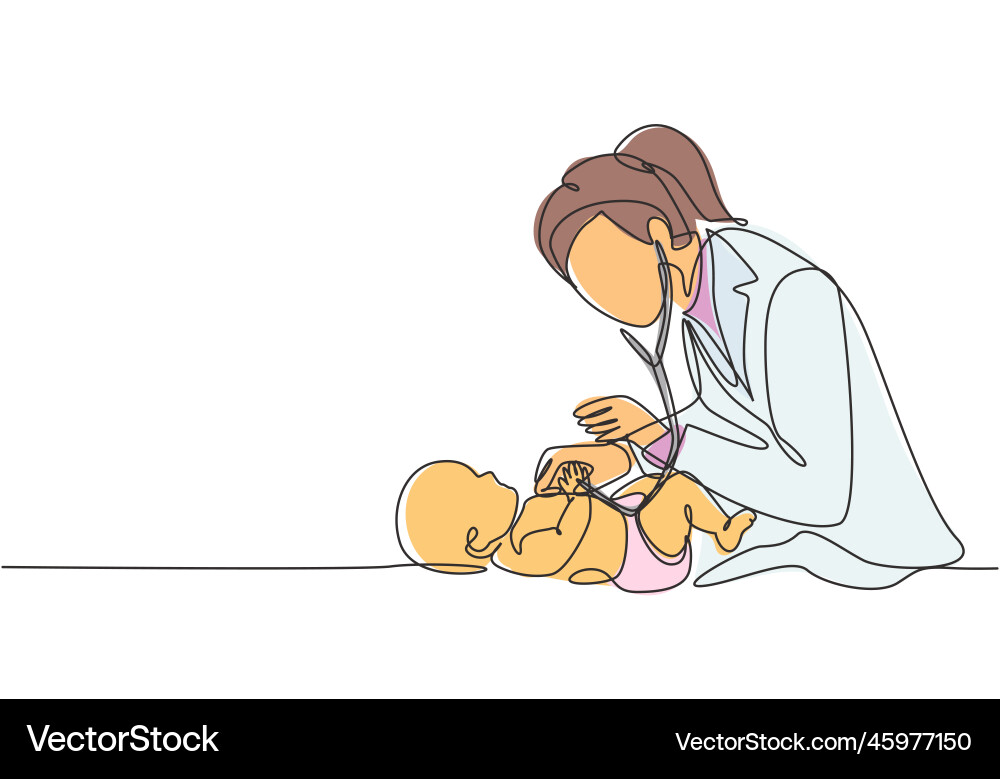 Single Line Drawing: Pediatric Doctor Examining Ba