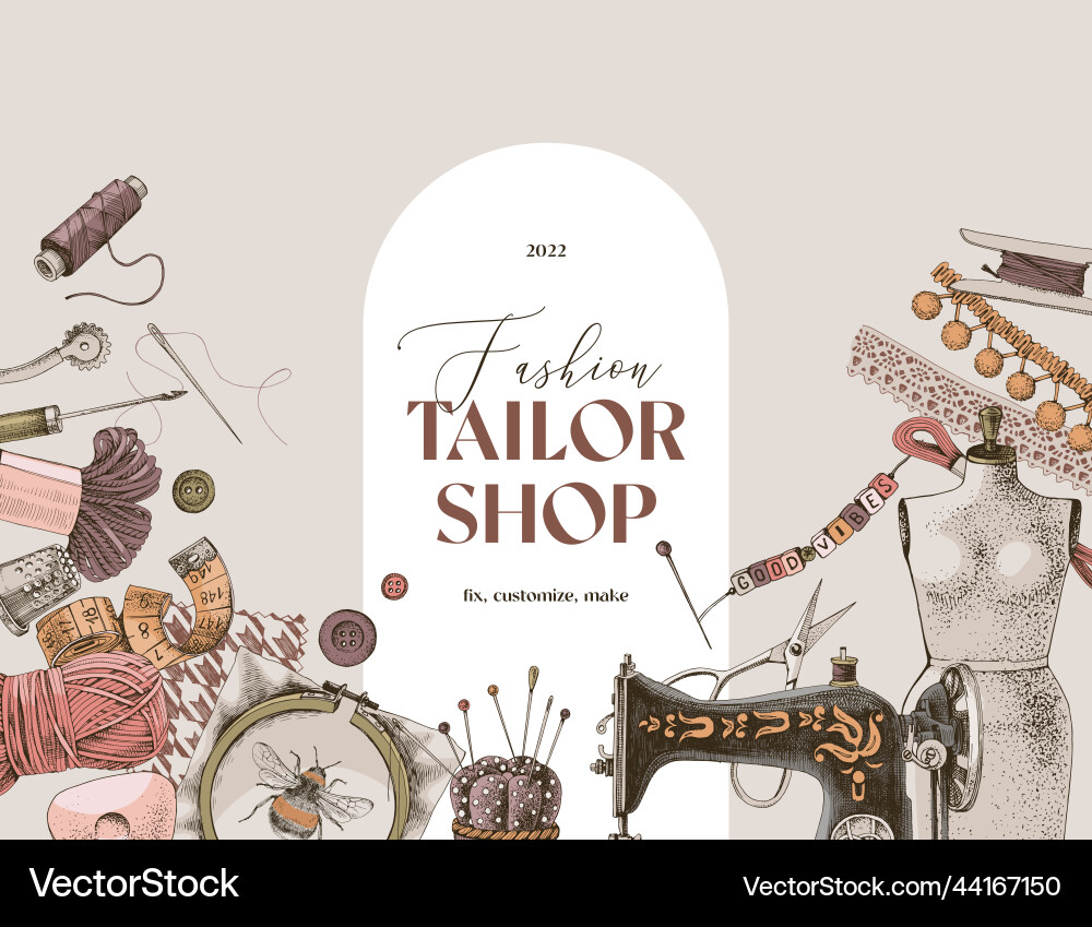 Tailor shop banner on beige background Royalty Free Vector