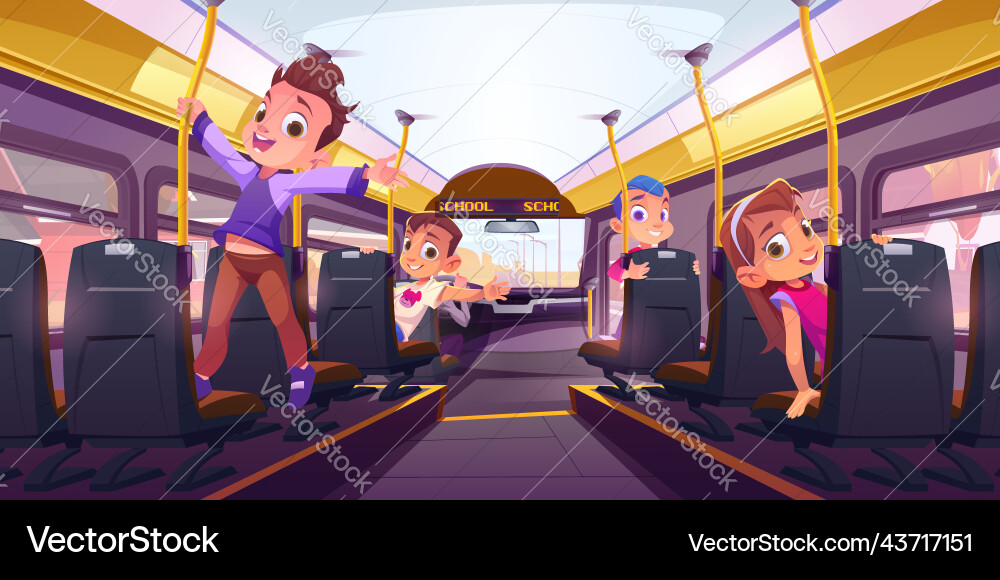 Happy children in school bus inside Royalty Free Vector