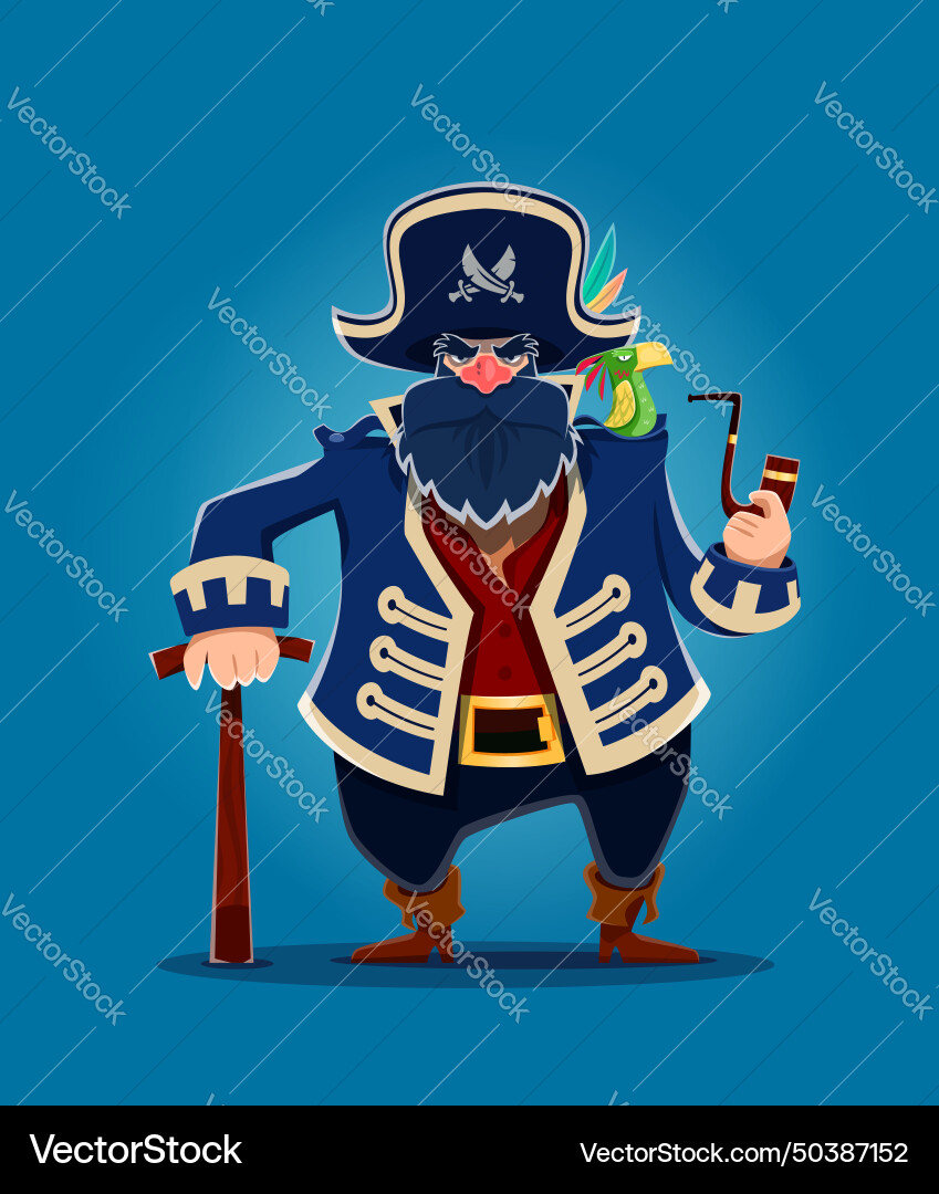 Cartoon pirate captain with smoking pipe parrot Vector Image