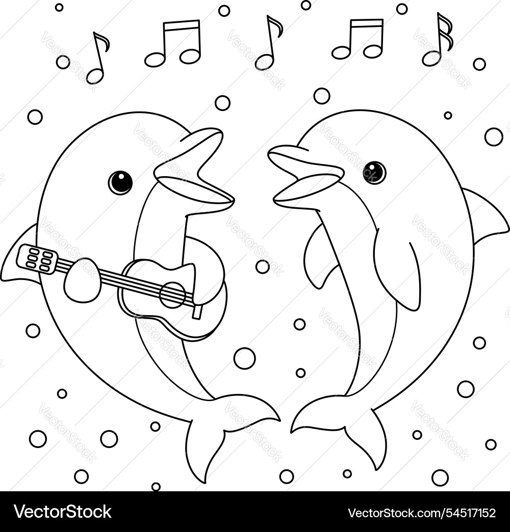 Dolphin singing and playing guitar coloring page Vector Image