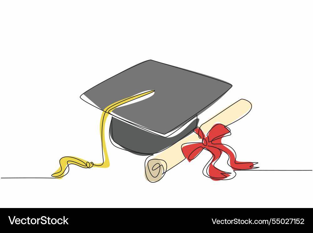 Single one line drawing graduation hat and ribbon Vector Image