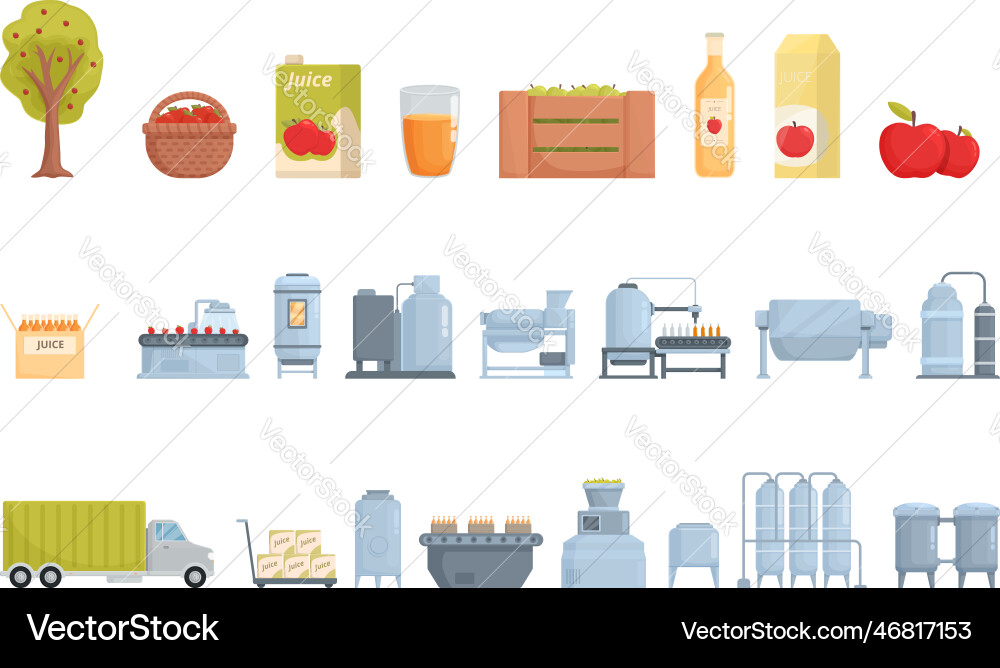 Apple juice manufacture process icons set cartoon Vector Image