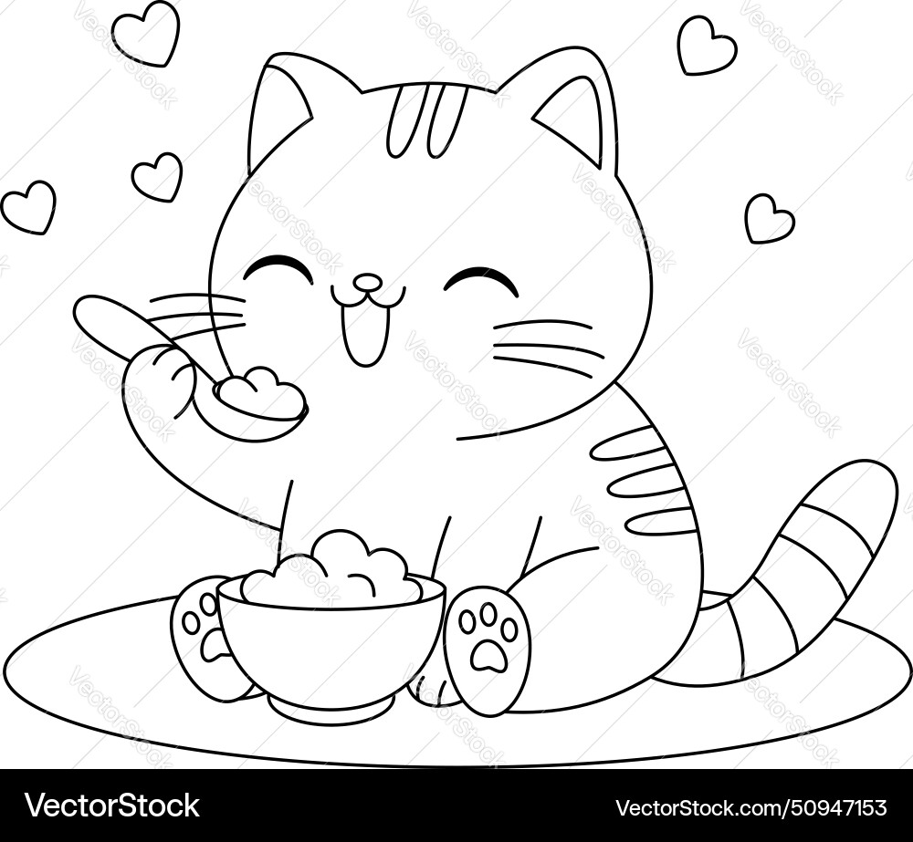 Cute cat is happily eating coloring page Vector Image