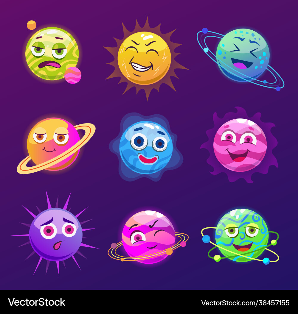 Funny planets with faces cartoon set Royalty Free Vector