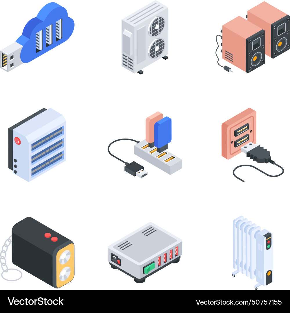 Isometric icons depicting computer hardware and de