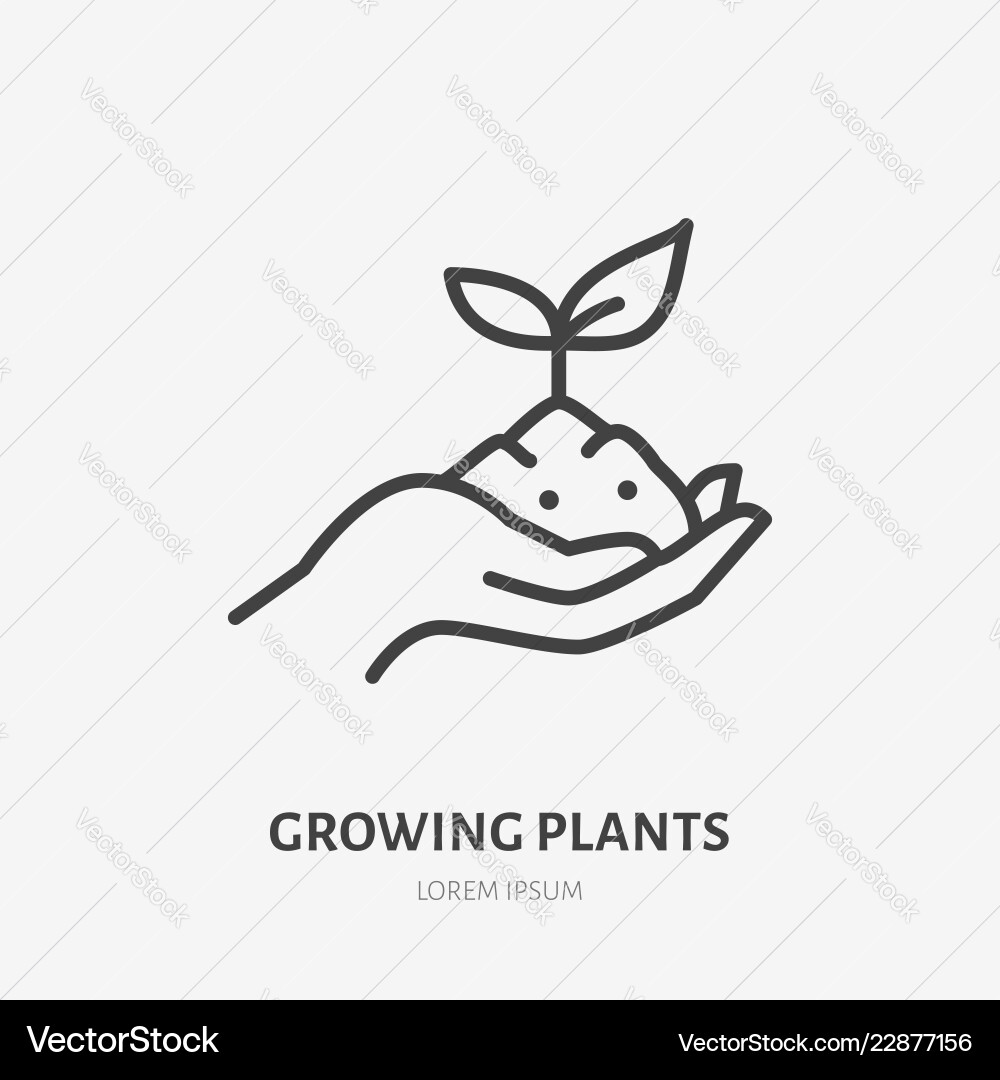 Hand holding soil with plant flat line icon Vector Image
