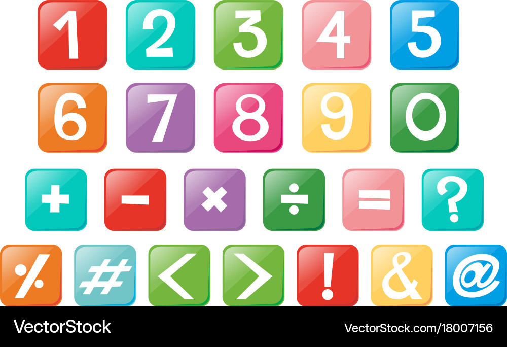 Anzahl und Zeichen auf quadratischen Tasten Vektorbild