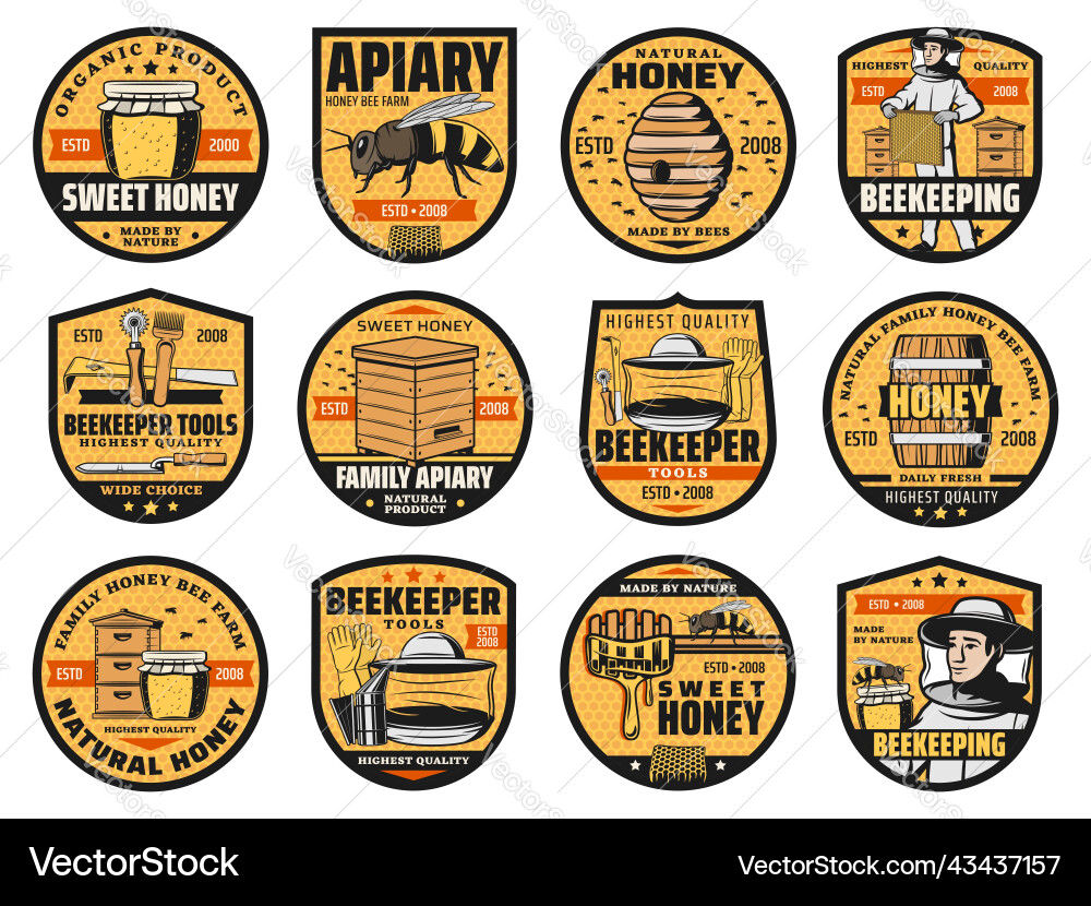 Beekeeping apiary icons honey products Royalty Free Vector