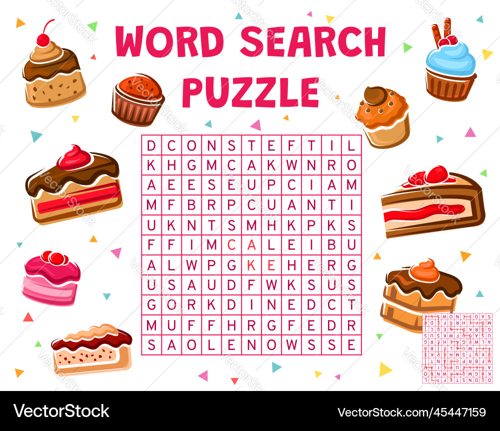 Cakes cupcakes and pie word search puzzle game Vector Image