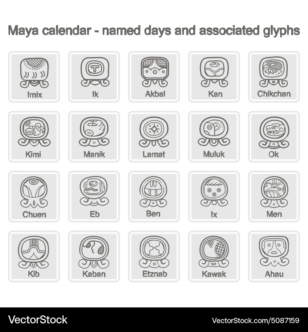 Icons with maya calendar named days Royalty Free Vector