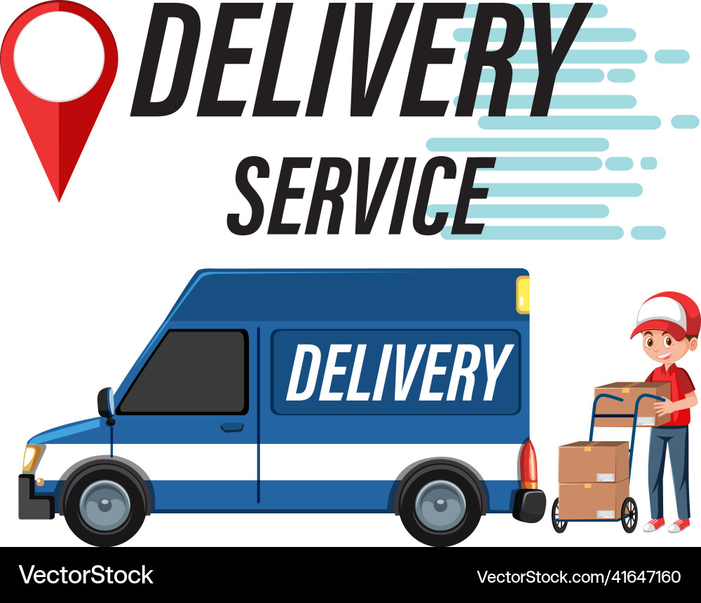 Delivery device logo with panel van and courier Vector Image