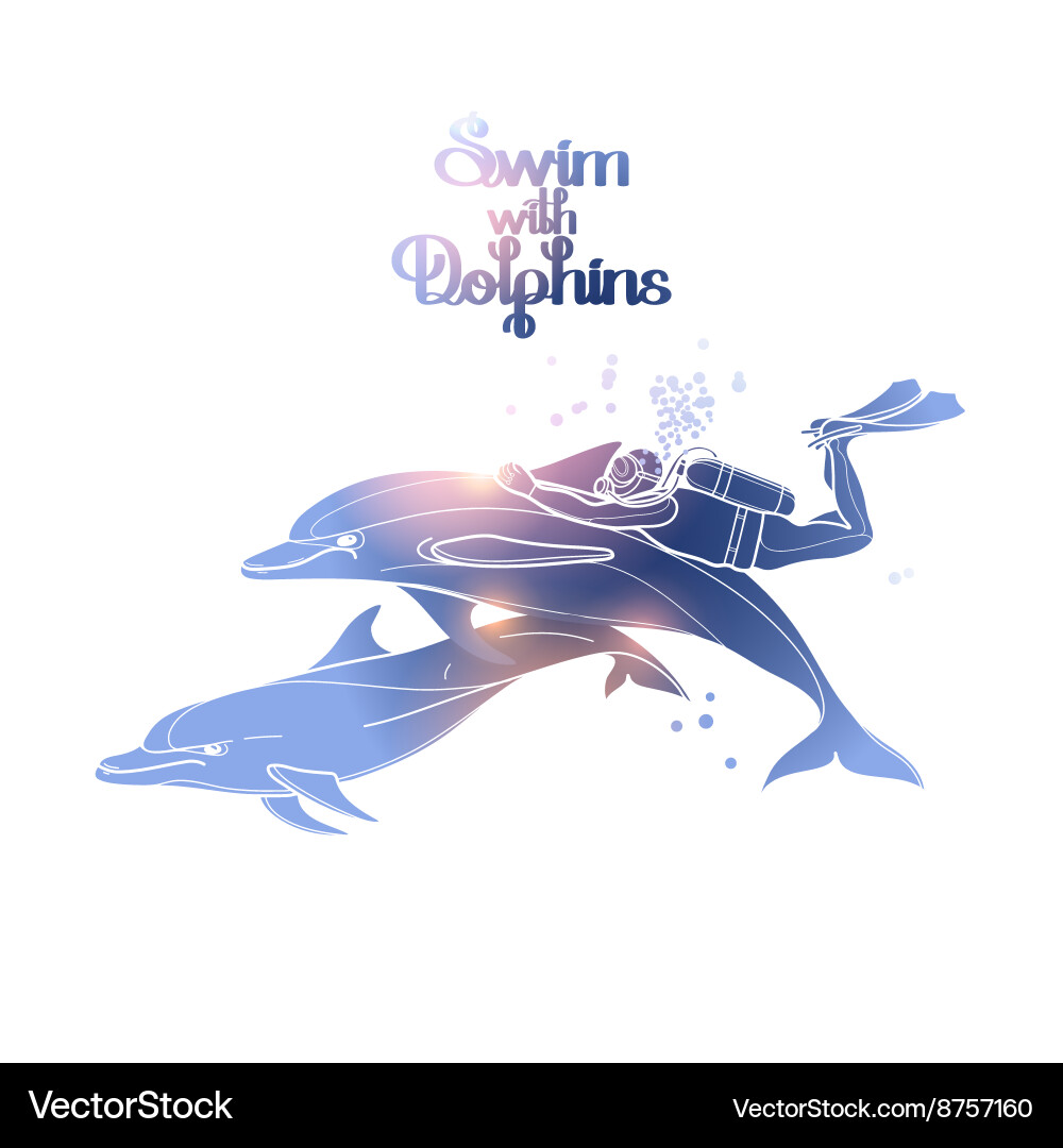Graphic scuba diver riding the dolphin Royalty Free Vector