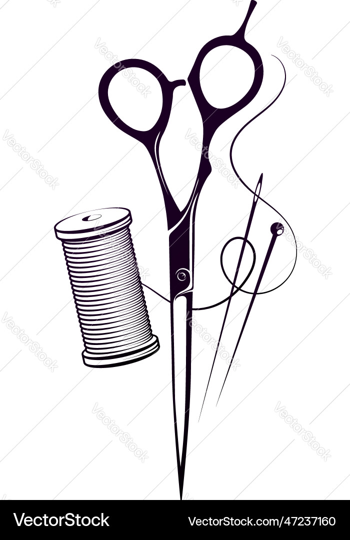 Scissors needle and spool of thread Royalty Free Vector