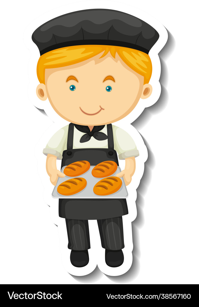 Sticker template with a baker boy holds baked Vector Image