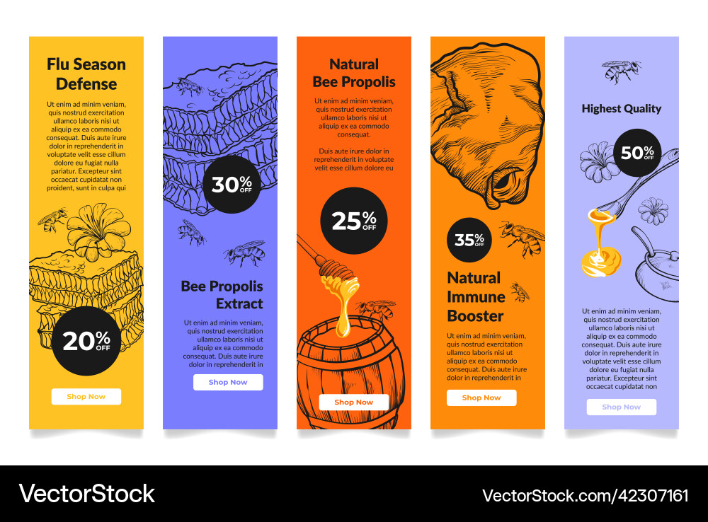 Collection bee natural propolis extract vertical Vector Image