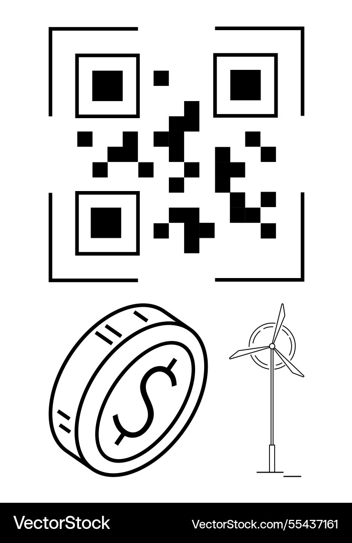 Qr-Code mit Münzsymbol und Windkraftanlage Vektorbild
