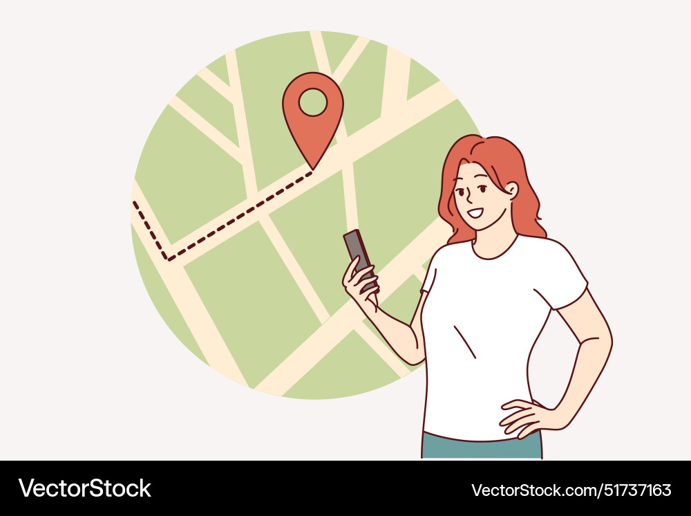 Woman uses electronic map in mobile phone to plot Vector Image