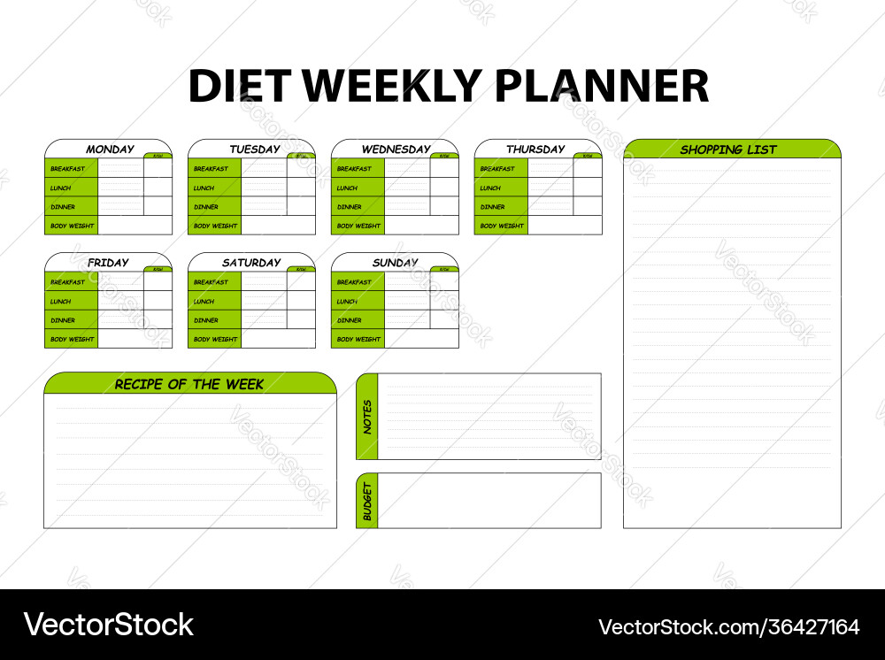 Cute diet weekly planner isolated food menu plan Vector Image