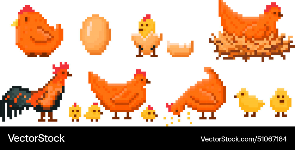 Farm chicken pixel art chick hatching from egg Vector Image