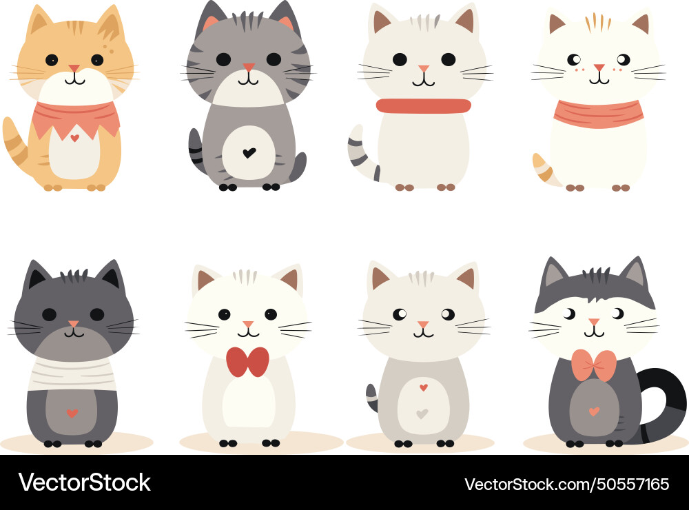 Eight cute cartoon cats displayed pairs featuring Vector Image