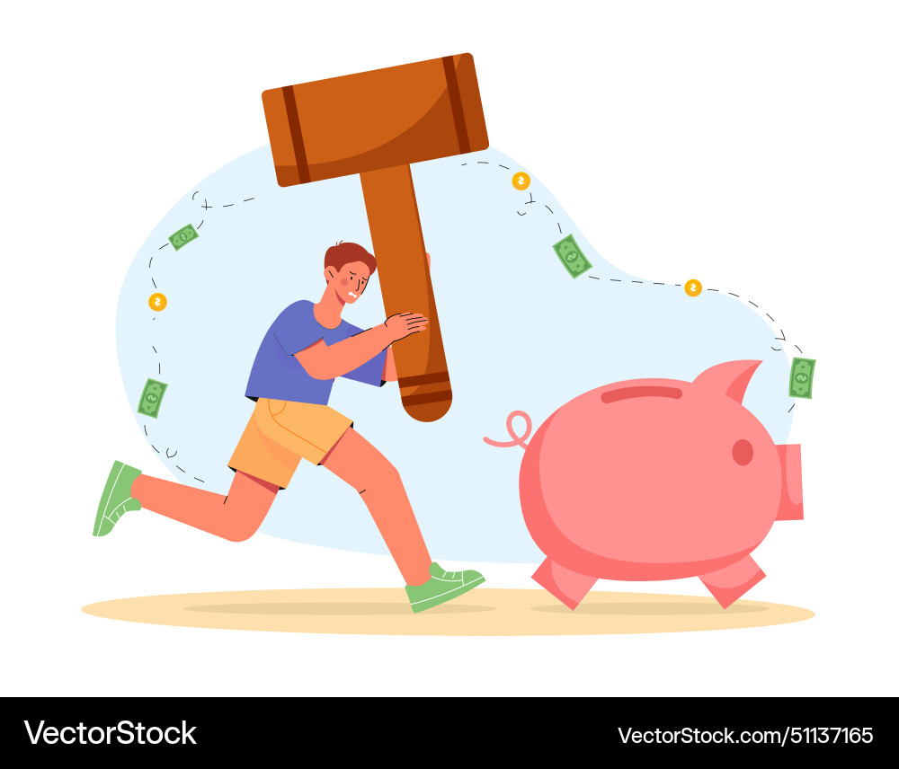 Man smash piggy bank Royalty Free Vector Image