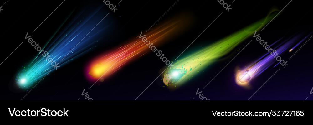 Neon comets set isolated on black background Vector Image
