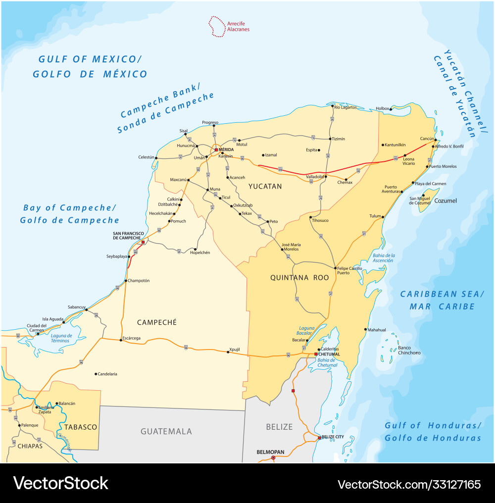 Road and administrative map yucatan Royalty Free Vector