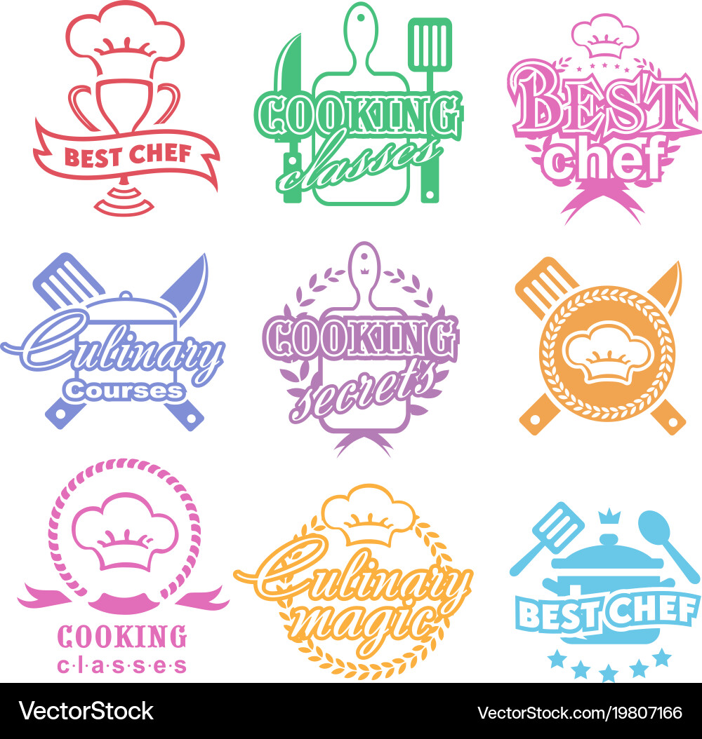 Cooking classes labels logos set best chef emblem Vector Image