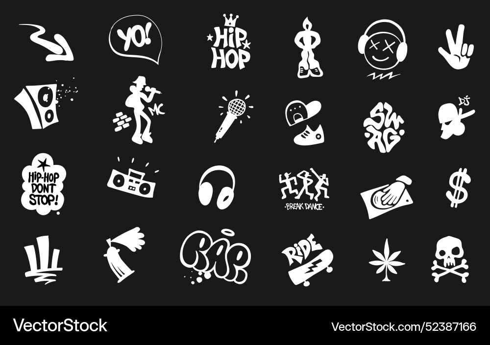 Rap music graffiti break dance symbols icon set Vector Image