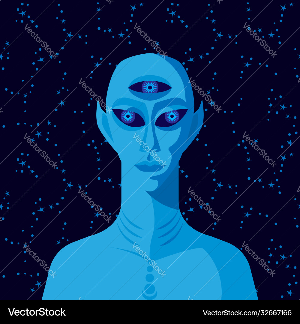 Three-eyed alien on background starry sky Vector Image