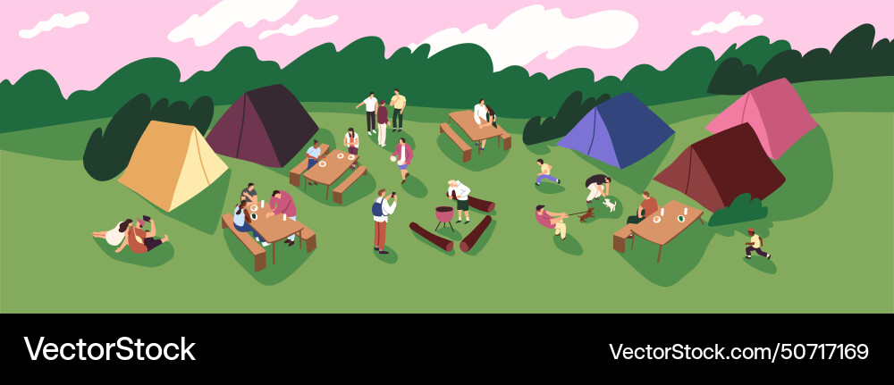 Trekking group sets up tent city in clearing Vector Image