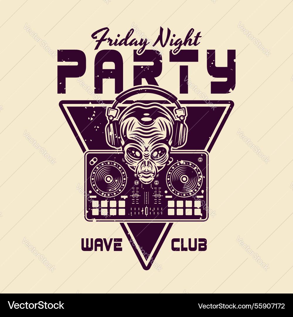 Creative dj party emblem featuring an alien head Vector Image