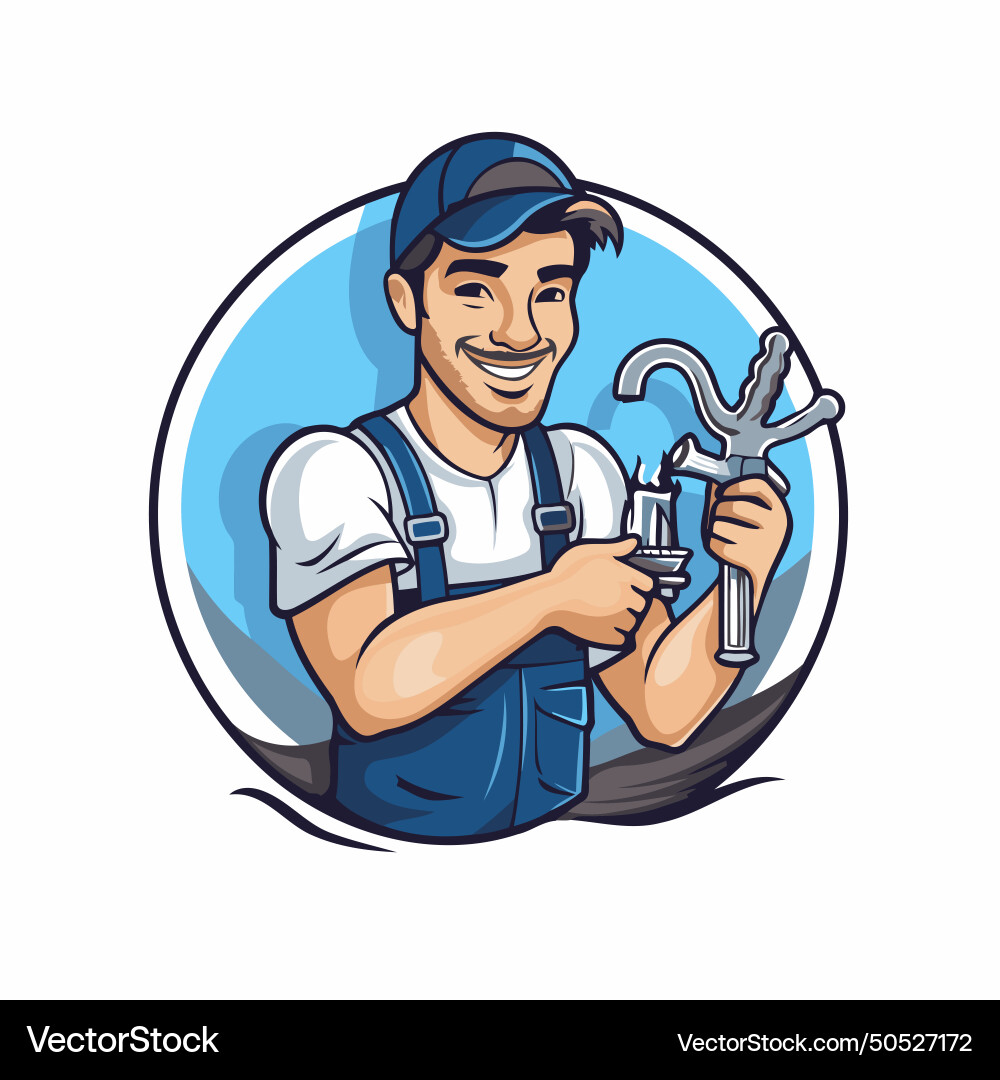 Plumber with tools of a holding wrench Royalty Free Vector