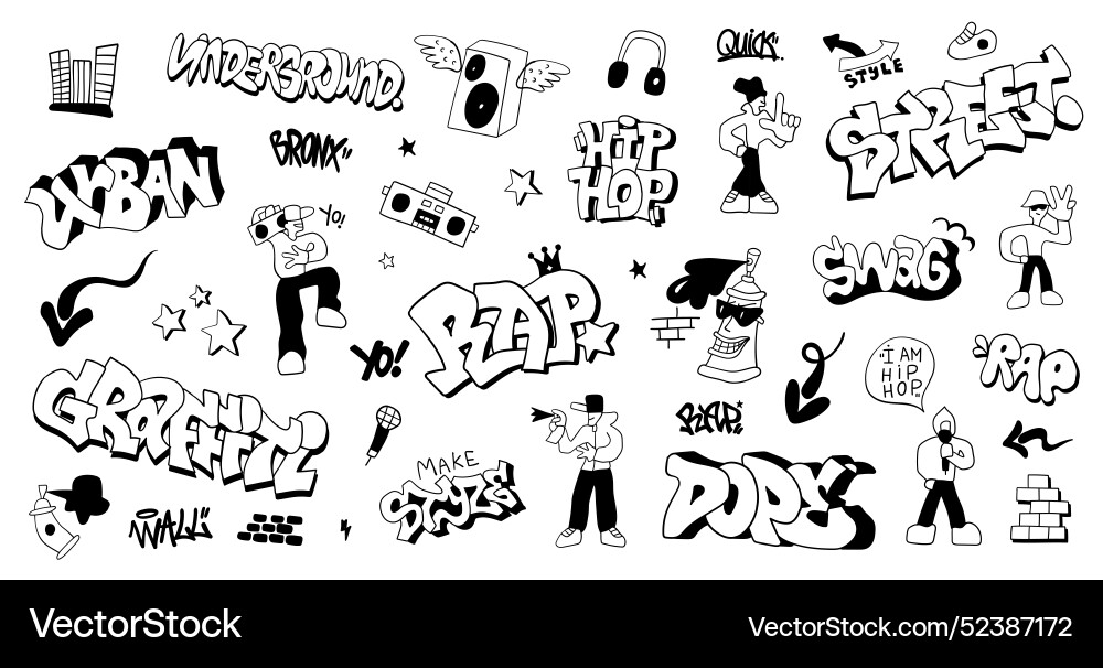 Rap hip hop graffiti style doodles background Vector Image