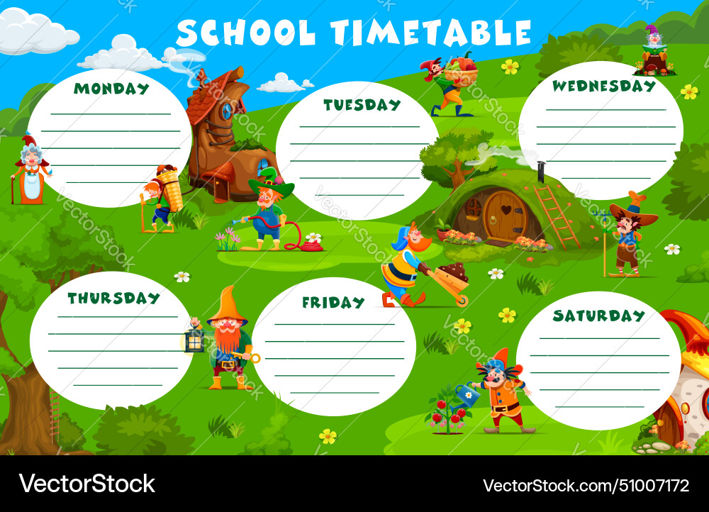 Timetable schedule with cartoon gnome characters Vector Image
