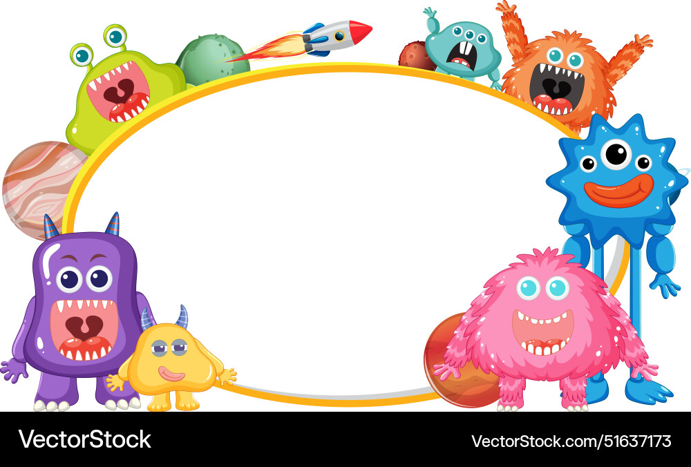 Cute monsters around a blank space frame Vector Image