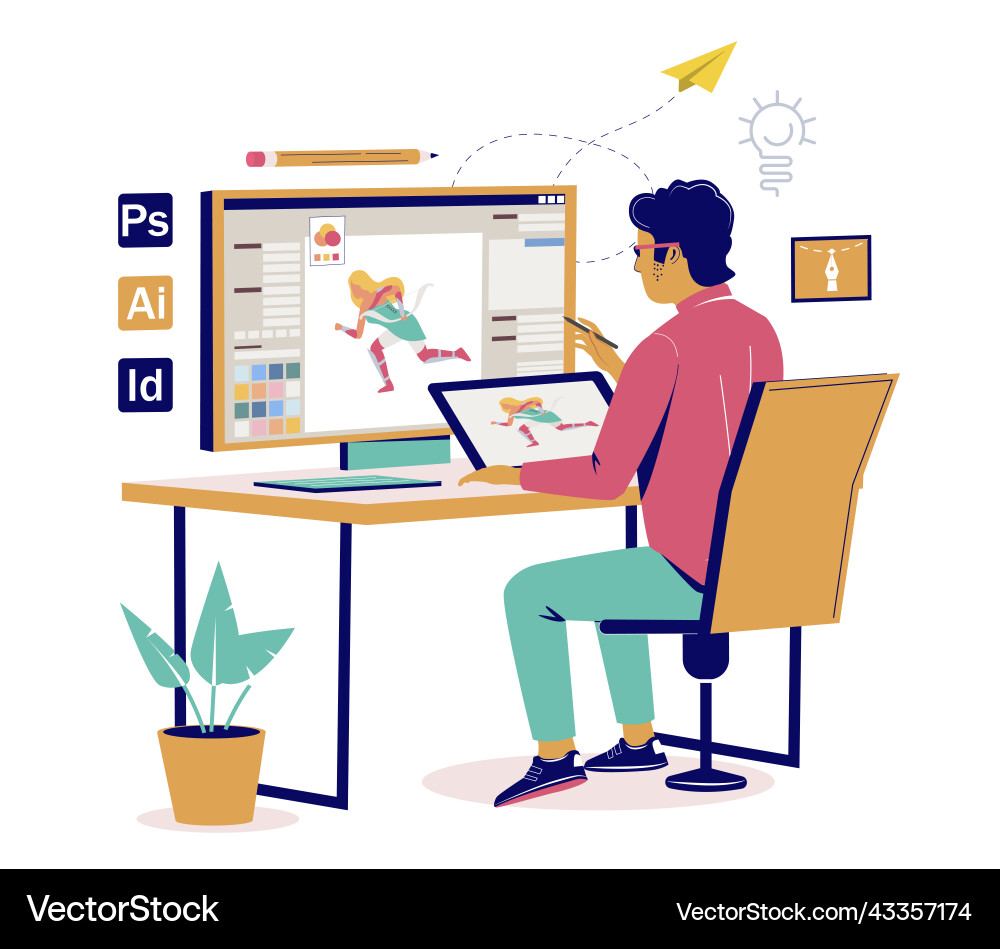 Man graphic working at computer Royalty Free Vector Image