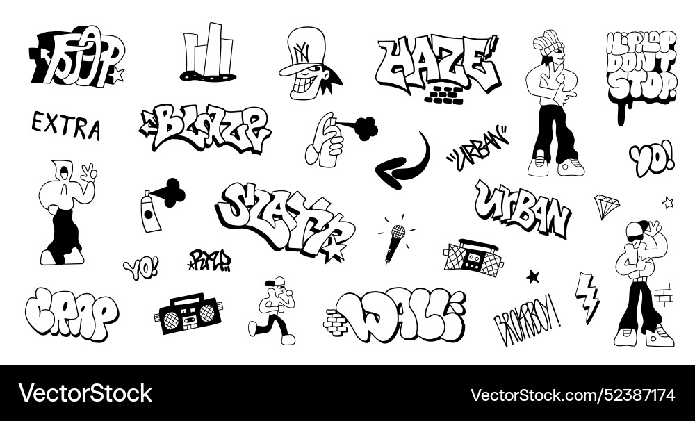 Rap hip hop graffiti style doodles background Vector Image