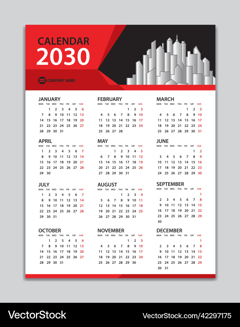 Calendar 2030 template- wall year Royalty Free Vector Image