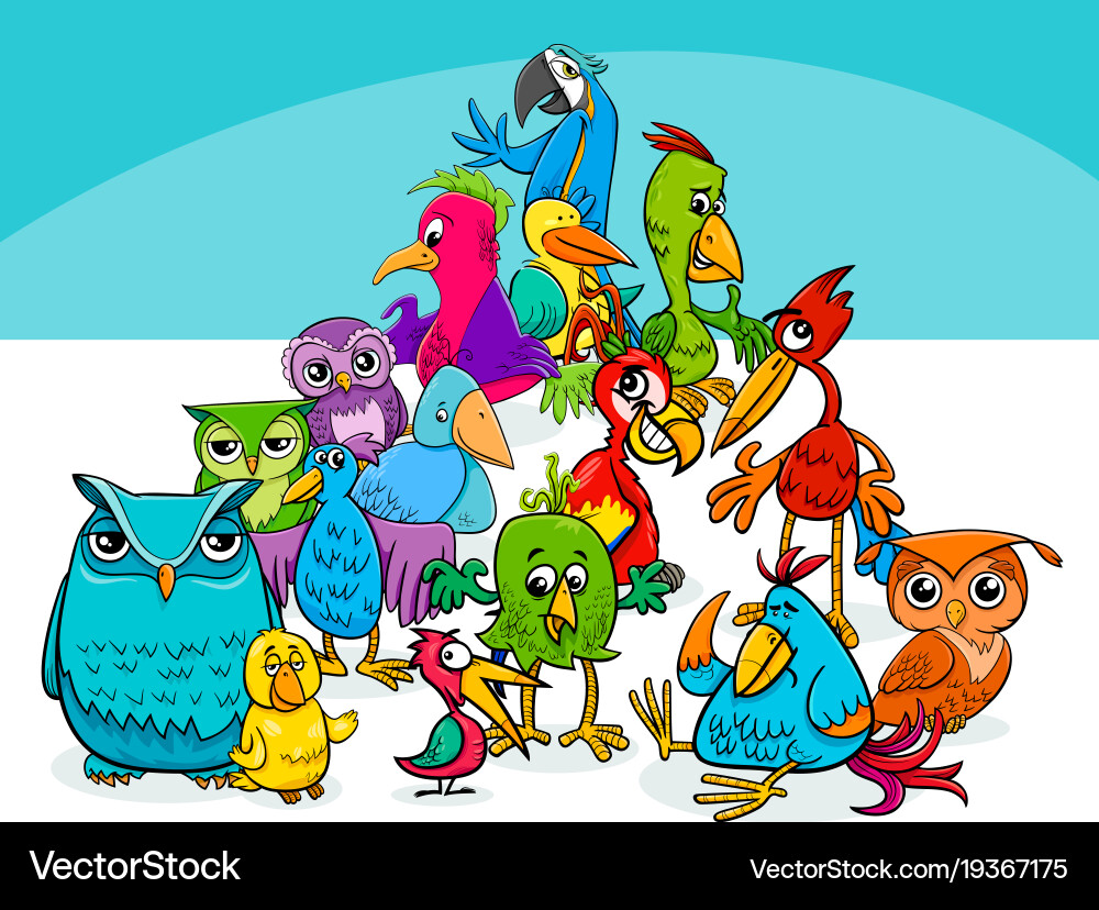 Colorful birds group cartoon Royalty Free Vector Image