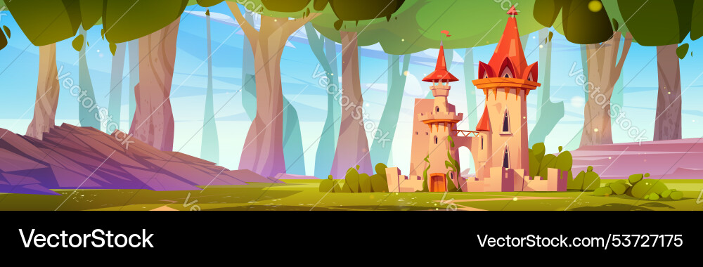 Fairytale castle in forest with giant trees Vector Image