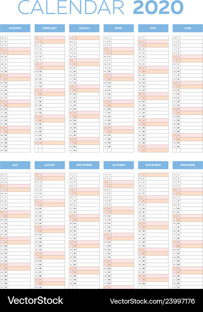 Business planner calendar template for 2020 Vector Image