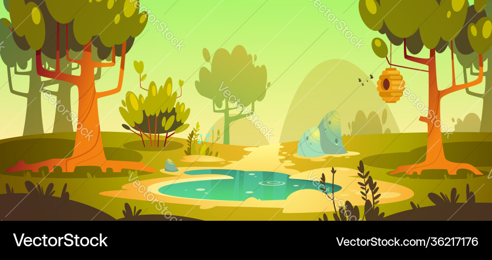 Cartoon forest background with pond swamp trail Vector Image