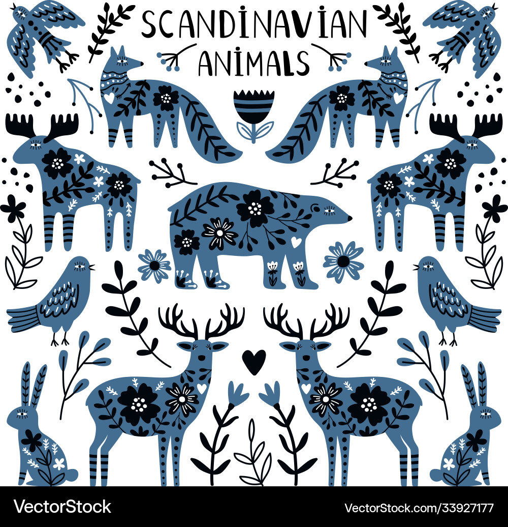 Nordic animals between branches Royalty Free Vector Image
