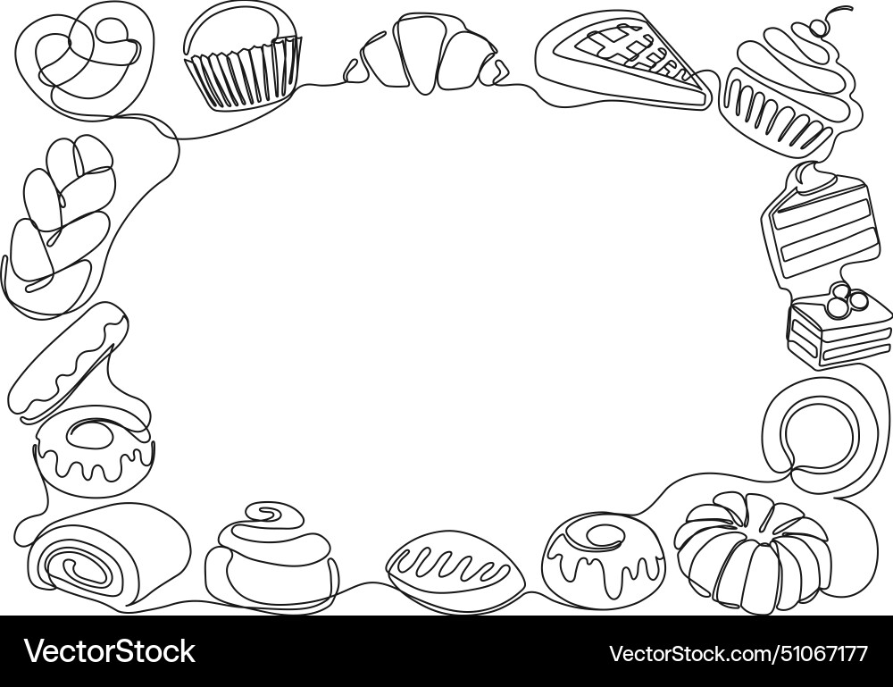 One line sweet bakery frame baked goods Royalty Free Vector