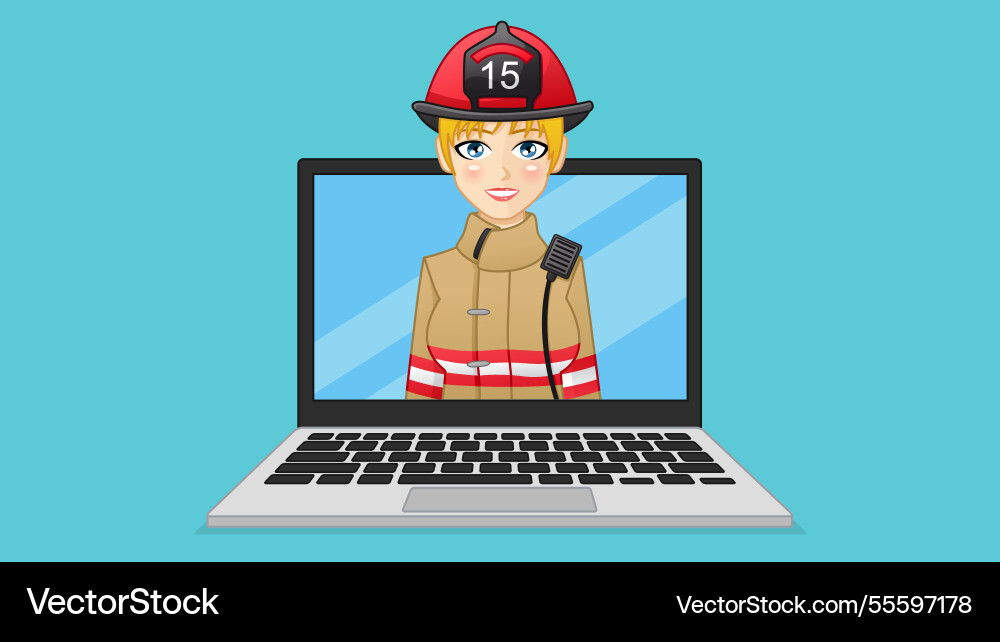 Fireman on computer screen firewoman in full gear Vector Image