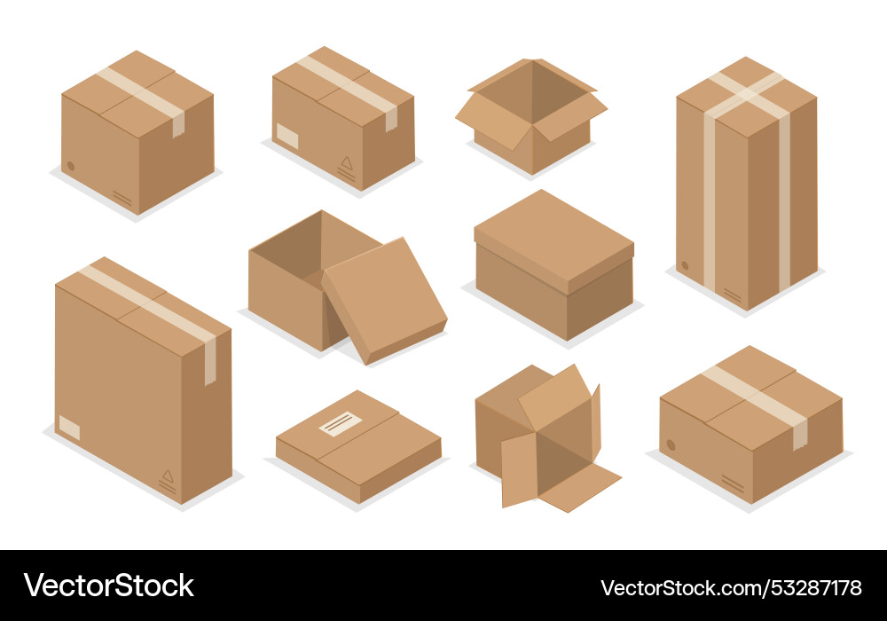 Isometric boxes set cardboard with parcels Vector Image