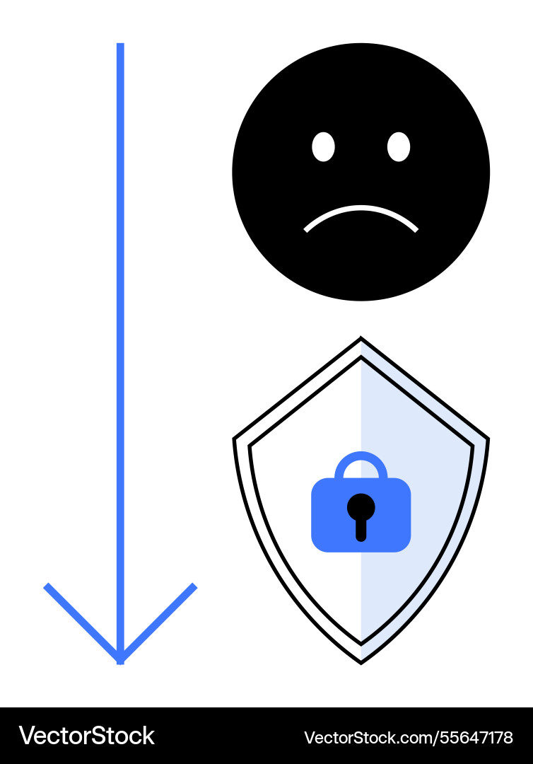 Sad face downward arrow and lock-shield symbol Vector Image
