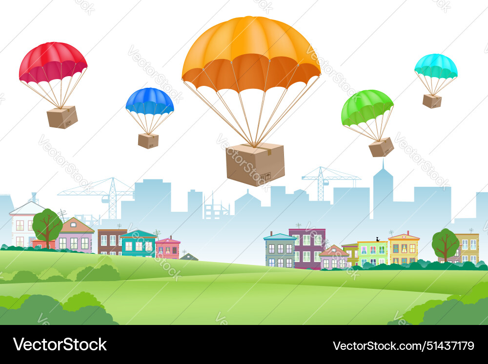 Cardboard boxes fly on colored parachutes Vector Image
